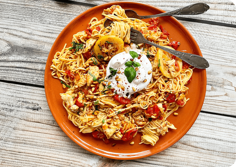 Citroen-kip spaghetti met burrata – Cook and Sizzle